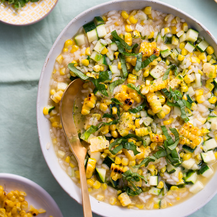 Sweet Corn & Zucchini Risotto with Basil Oil