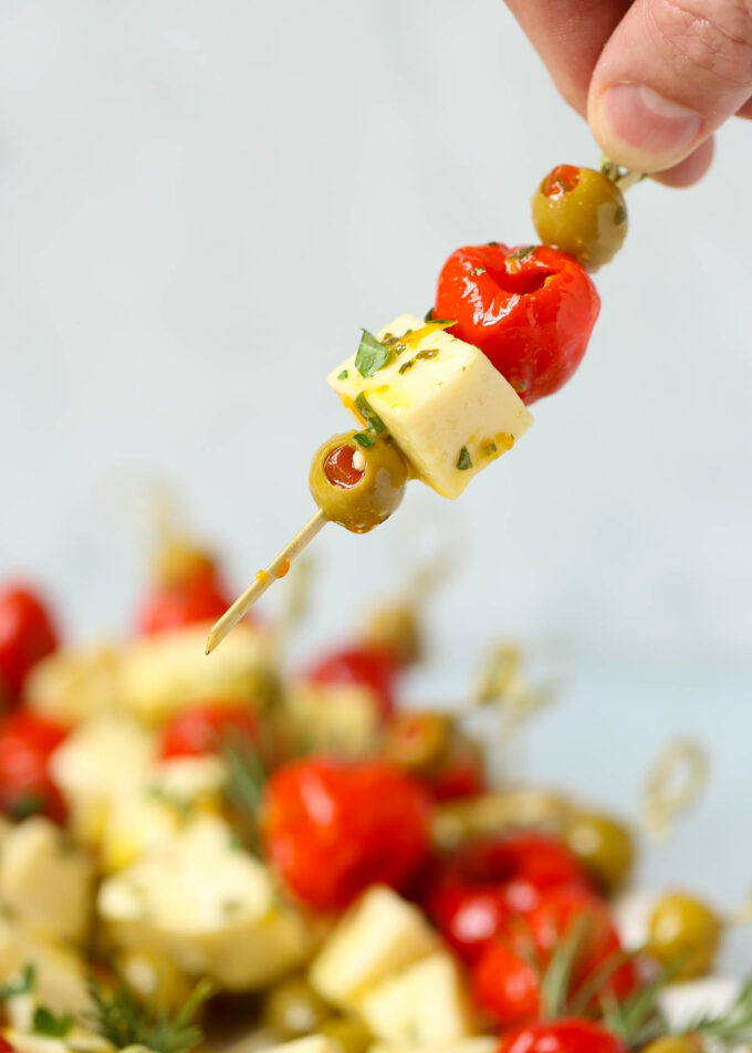 Marinated Cheese & Olive Skewers - Kitchen Treaty Recipes